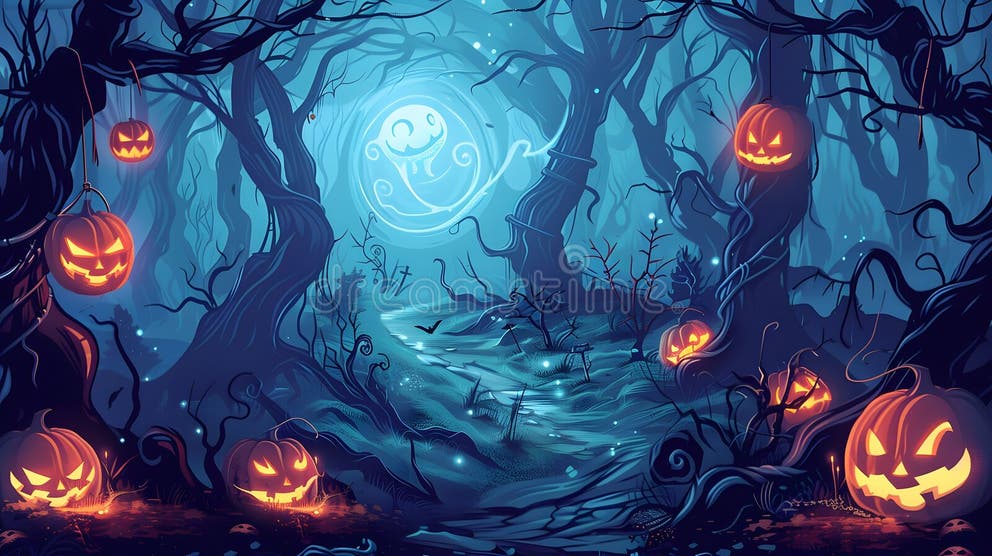 Illustration of a Creepy Forest Path Lined with Carved Pumpkins and ...