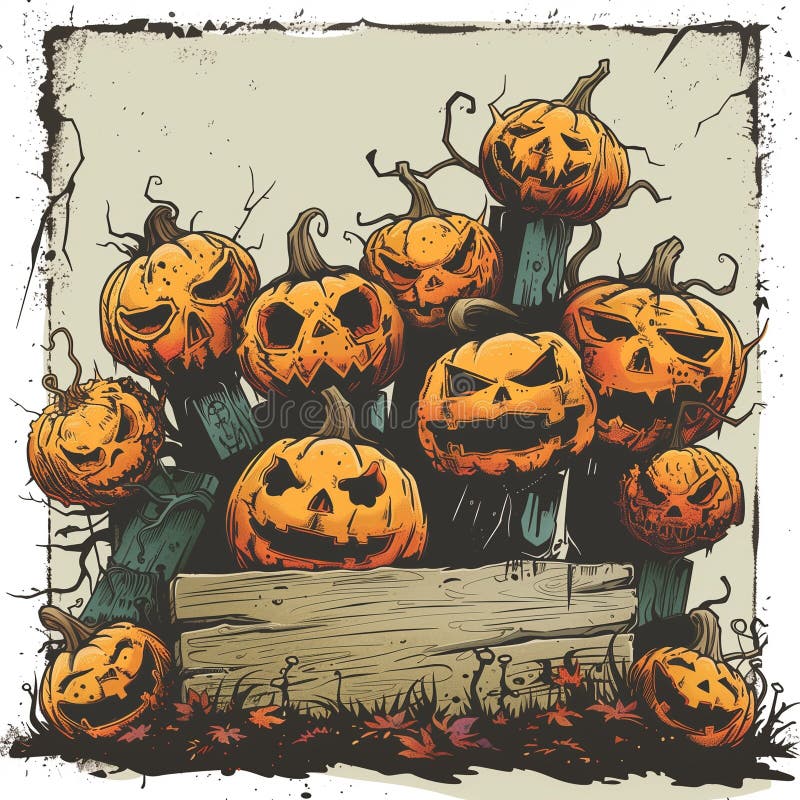 Creepy Jack O Lantern Pumpkin Black Silhouette. Halloween Retro Vector ...