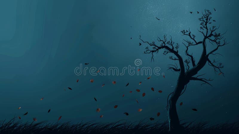 Illustration of Night Creepy Tree with Falling Leaves at Night Stock ...