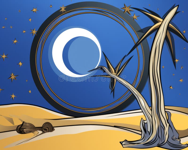 An Illustration of a Crescent Moon and Palm Tree in the Desert Stock ...