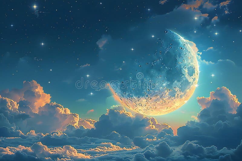 A Crescent Moon with Stars and Clouds in the Sky, Pastel Colors Create ...