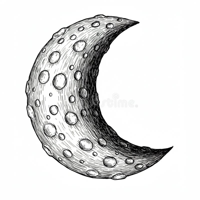 Illustration of a Crescent Moon with a Textured Surface, Featuring ...