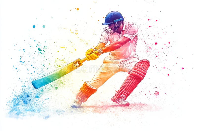 Illustration of a Cricket Player with Colorful Watercolor Splash ...