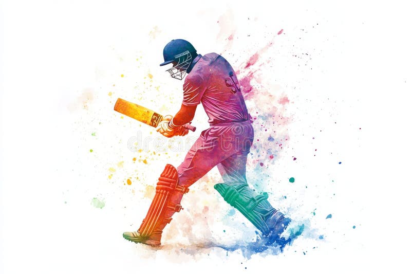 Illustration of a Cricket Player with Colorful Watercolor Splash ...