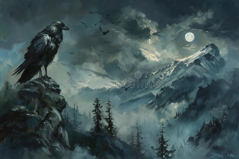 A Crow Sits on a Rock in the Mountains and Looks at the Moon Stock ...