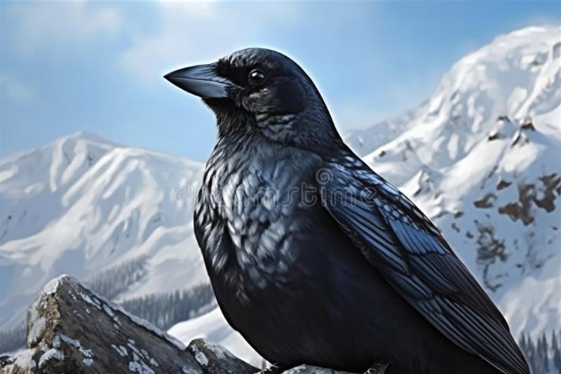 Crow Sitting on a Rock in the Snowy Mountains Stock Illustration ...