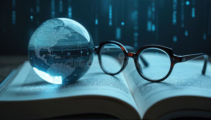 Illustration of Crystal Globe on Open Book with Glasses. Concepts of AI ...