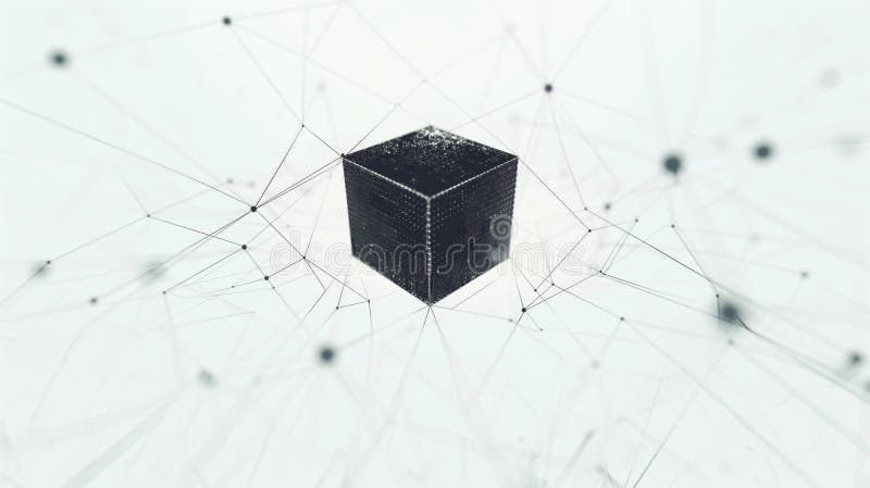 Cube in the Center of an Abstract Digital Network in White Background ...