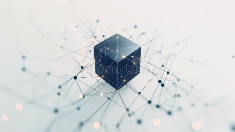 Cube in the Center of an Abstract Digital Network in White Background ...