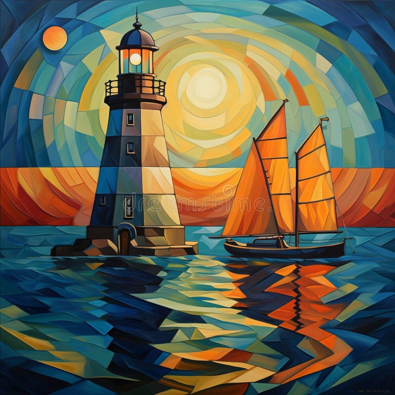 Illustration of Cubist Style Lighthouse and Sailboat in Polymeric ...