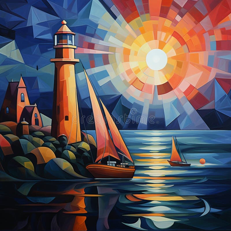 Illustration of Cubist Style Lighthouse and Sailboat in Polymeric ...