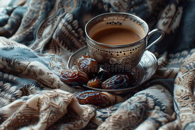 A Cup of Coffee with Dates on the Background of a Plaid Stock ...