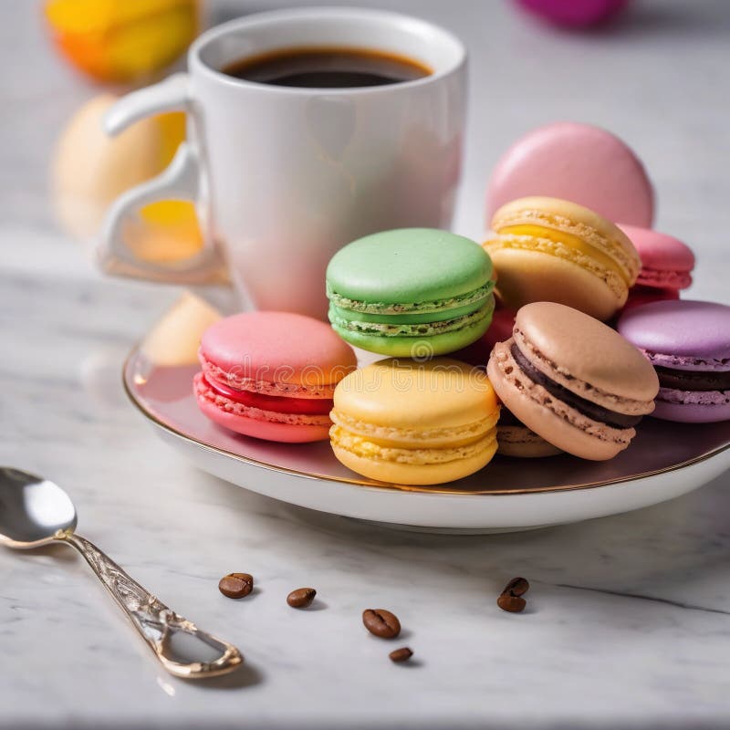 Cup of Coffee and Plate of Macaroons on the Table Stock Photo - Image ...