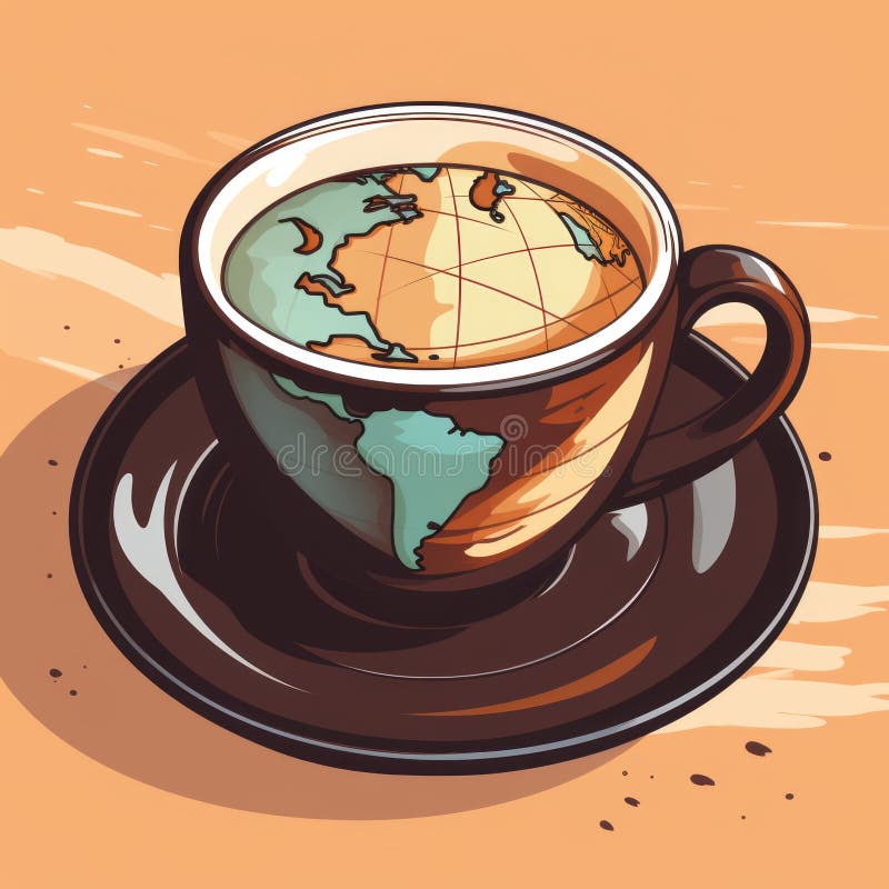 An Illustration of a Cup of Coffee with the World Map on it Stock ...
