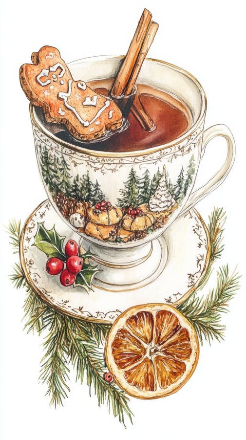 An Illustration of a Cup of Tea with Cinnamon, Oranges, and Pine Cones ...