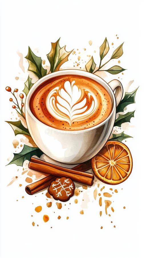 An Illustration of a Cup of Tea with Cinnamon Sticks, Oranges, and Pine Cones Stock Photo ...