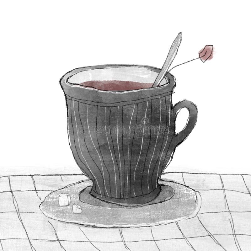 Illustration with Cup of Tea on the Table in Black Outline Doodle Style ...