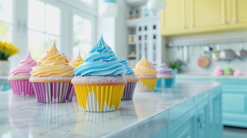 Illustration of Cupcakes with Pastel Colored Cream in a Pastel Colored ...