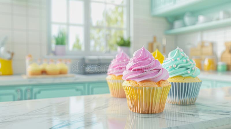 Illustration of Cupcakes with Pastel Colored Cream in a Pastel Colored ...