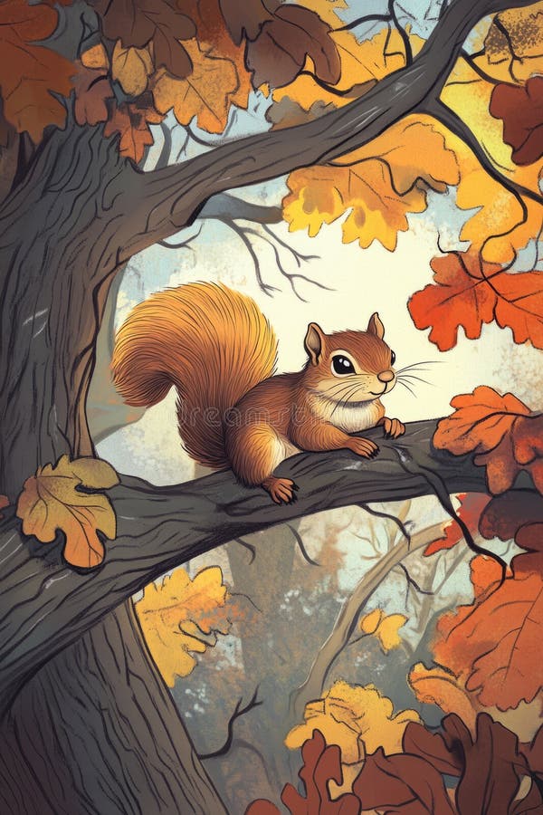 Illustration of a Curious Squirrel Perched on a Tree Branch, Its Fluffy ...