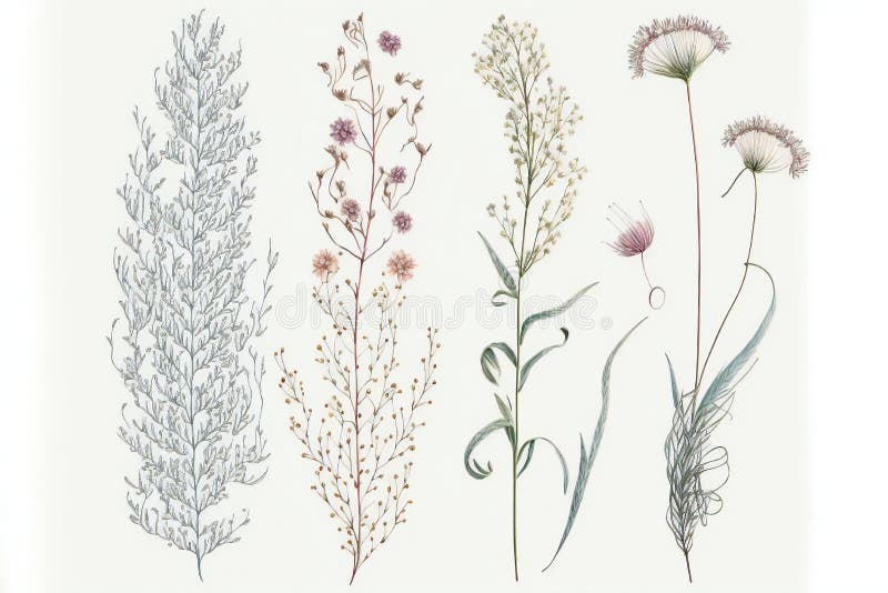 Curly Grass and Flowers, Digital Illustration Painting Artwork Stock ...