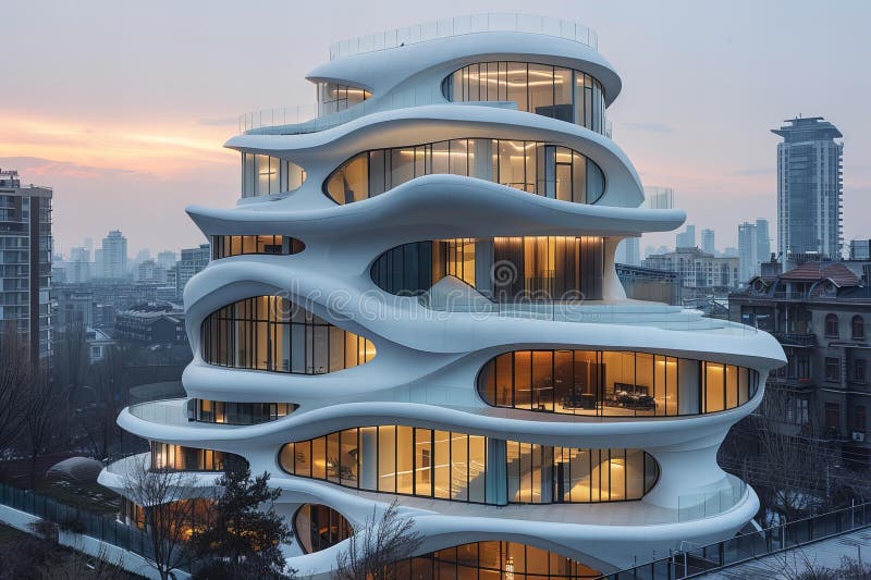 A Curved White Building in the Middle of a City, High Quality, High ...