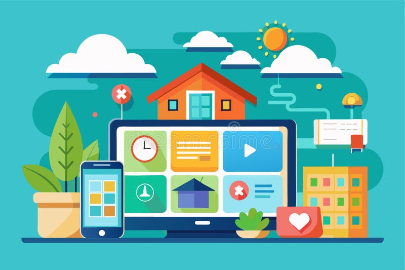 Illustration of a Customizable Home Screen with Icons and Graphics ...