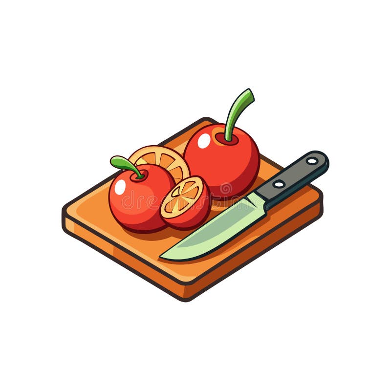 Fresh Cherry Cutting Illustration on Board with Knife Stock ...