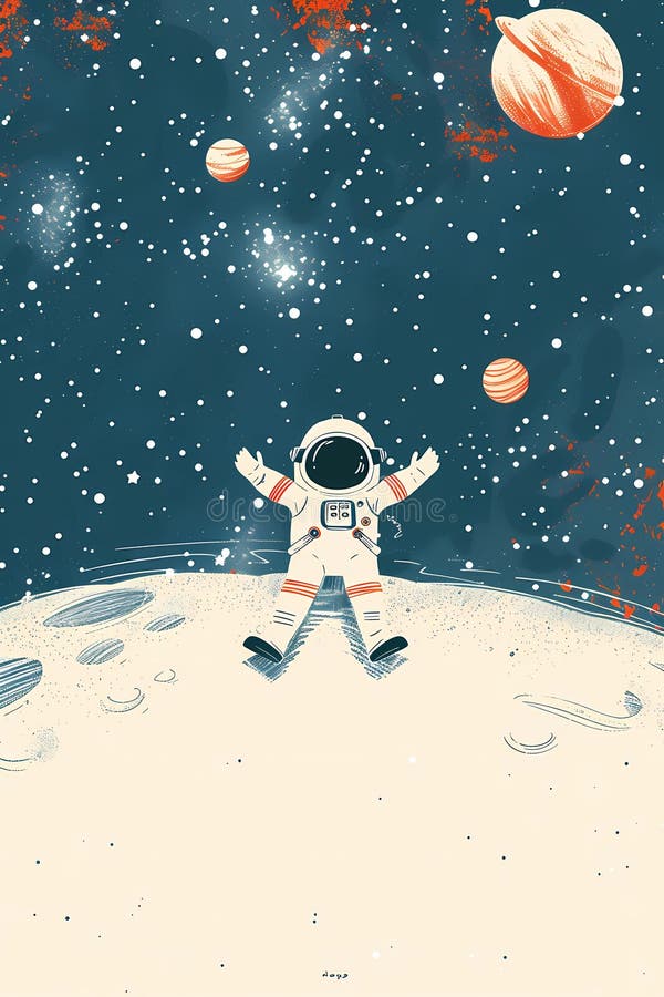 Illustration of a Cute Astronaut in Space on the Moon in Retro Style ...