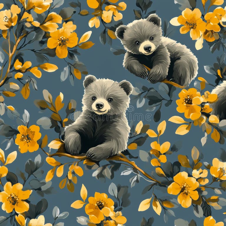 Illustration with a Cute Bear and Floral Pattern in a Seamless Repeat ...