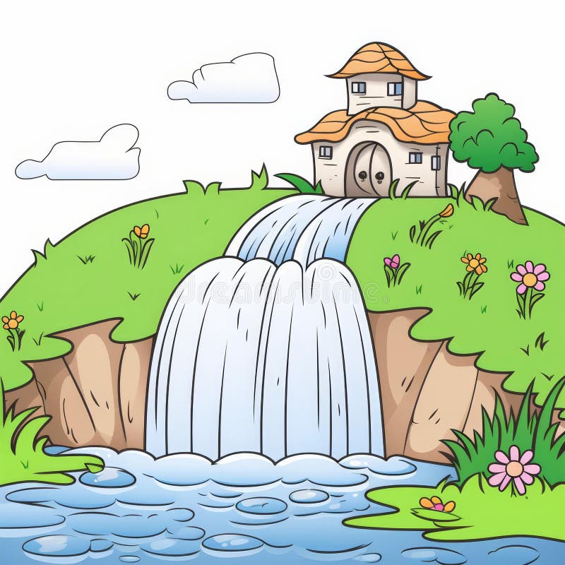 Illustration of a Cute Cascading Waterfall Depicted in a Simple and ...