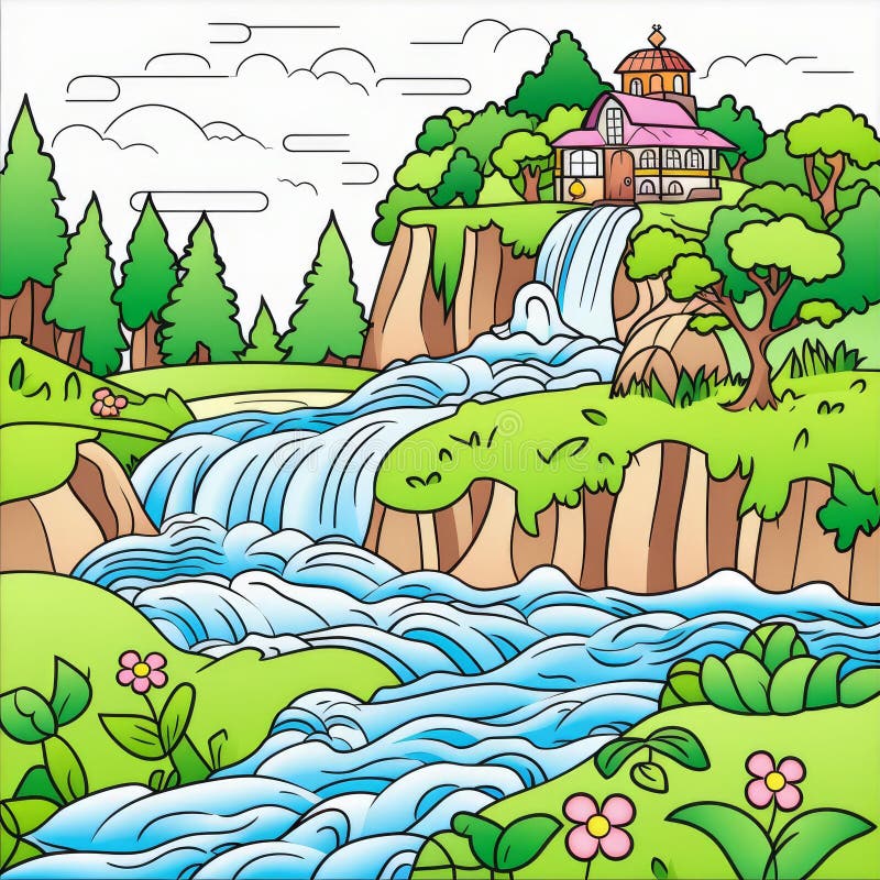 Illustration of a Cute Cascading Waterfall Depicted in a Simple and ...