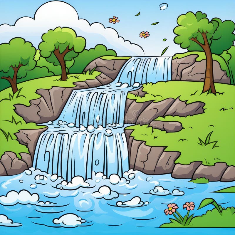 Illustration of a Cute Cascading Waterfall Depicted in a Simple and ...