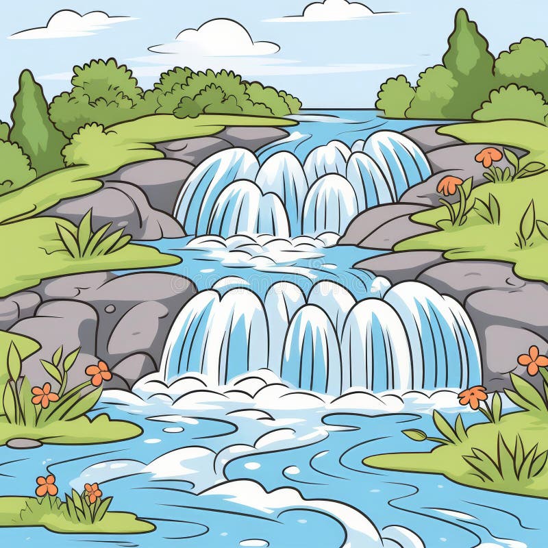 Illustration of a Cute Cascading Waterfall Depicted in a Simple and ...