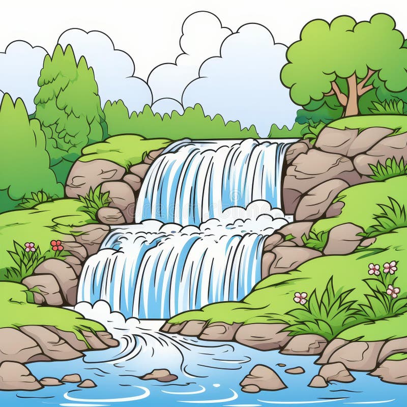 Illustration of a Cute Cascading Waterfall Depicted in a Simple and ...