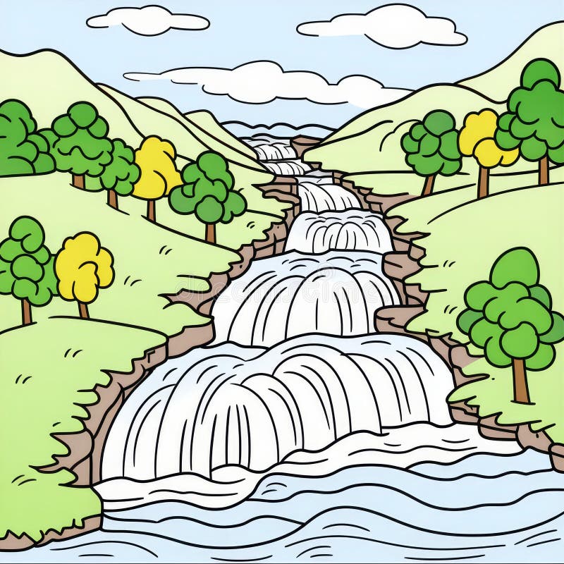 Illustration of a Cute Cascading Waterfall Depicted in a Simple and ...
