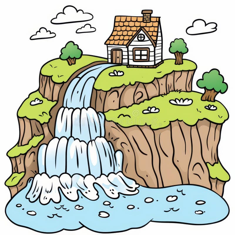 Illustration of a Cute Cascading Waterfall Depicted in a Simple and ...