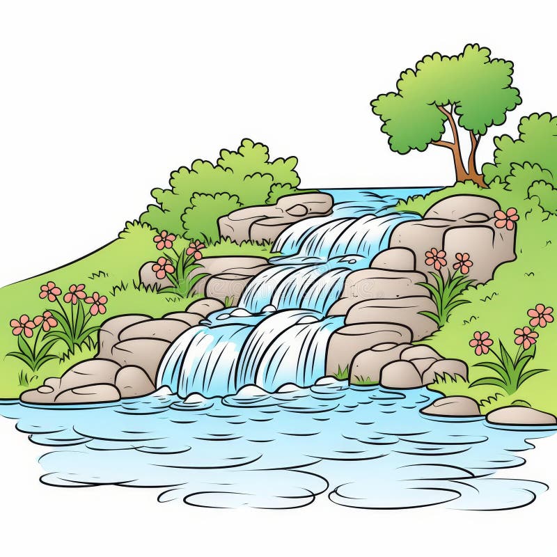 Illustration of a Cute Cascading Waterfall Depicted in a Simple and ...