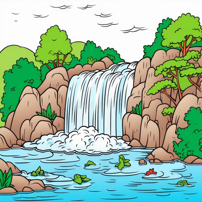 Illustration of a Cute Cascading Waterfall Depicted in a Simple and ...