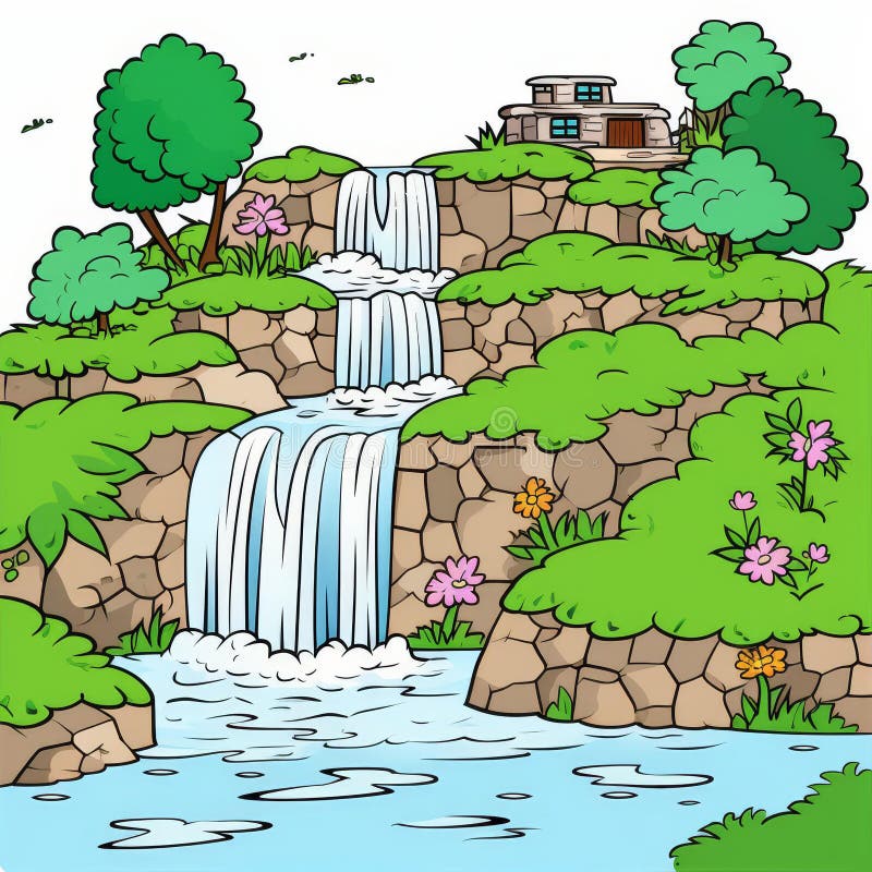 Illustration of a Cute Cascading Waterfall Depicted in a Simple and ...