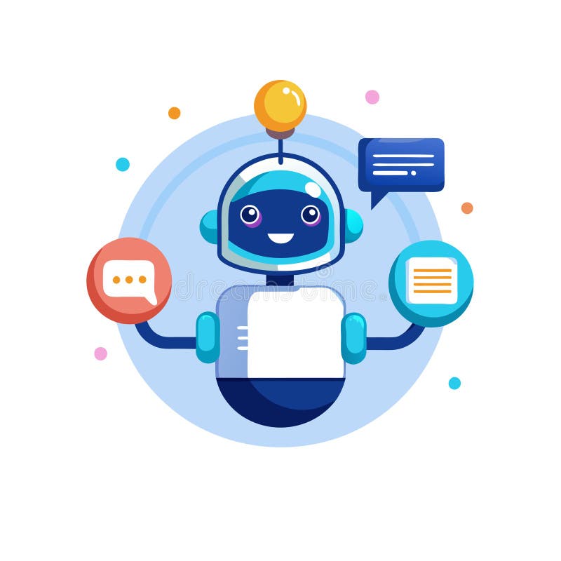 Cute Chatbot with Lightbulb Head and Speech Bubbles Illustration Stock ...