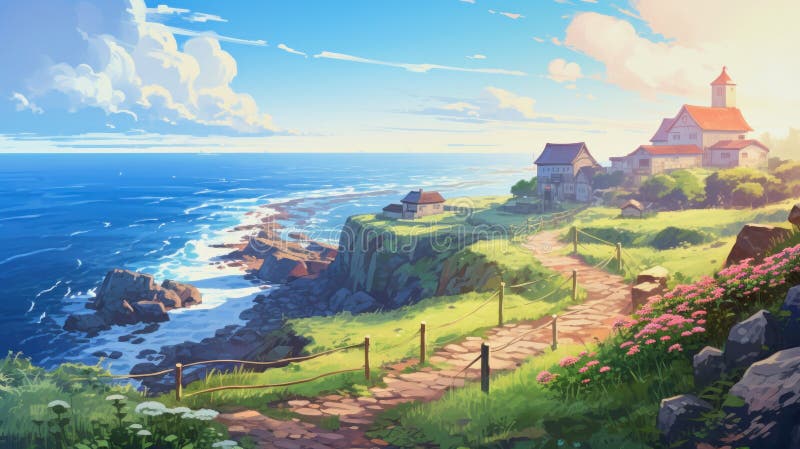 Illustration of a Cute Cliffside Village, Anime Style Stock Photo ...