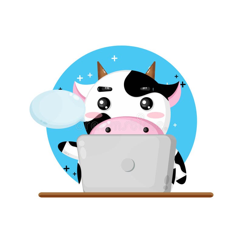 Illustration of Cute Cow Mascot Using Laptop Stock Vector ...