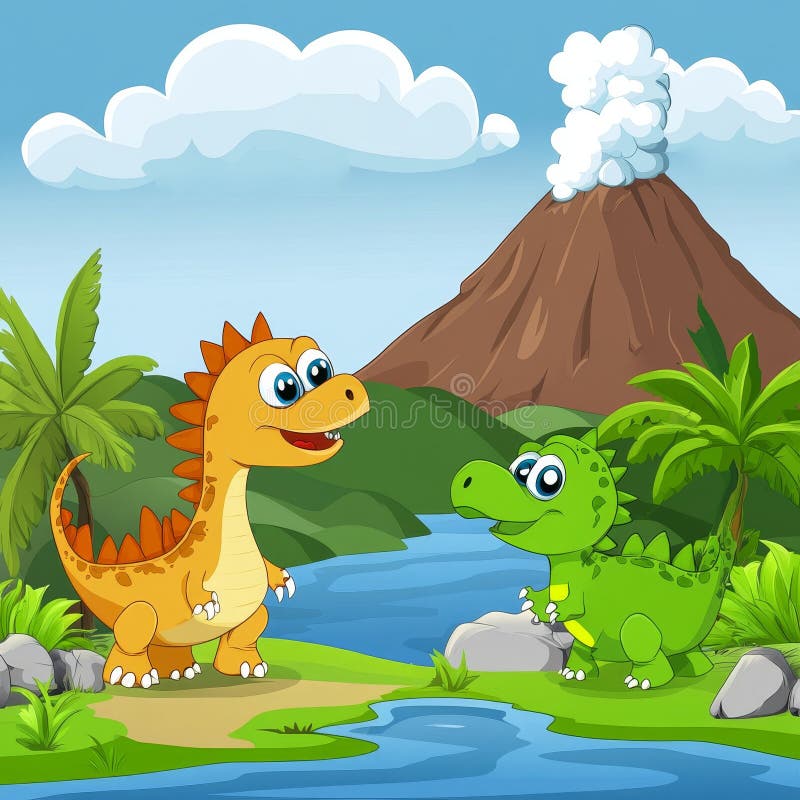 Illustration of Cute Dinosaurs with Erupting Volcanoes Stock Image ...