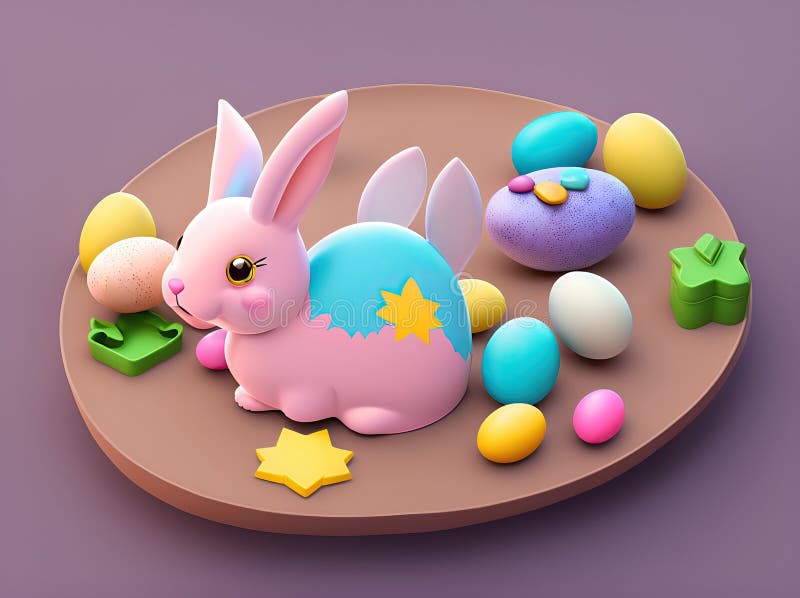 Illustration of Cute Easter Bunny with Easter Eggs on Dish. Generative ...