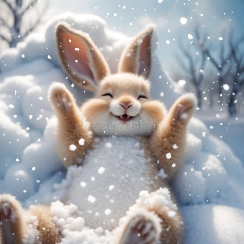 Illustration of a Cute Fluffy Rabbit Lying on Its Back Against a Snowy ...