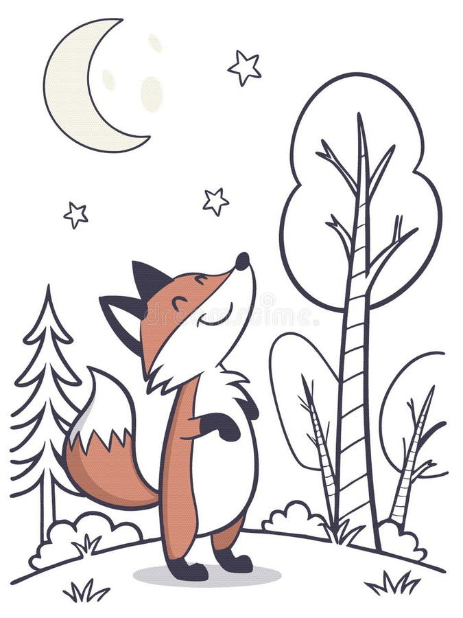 Illustration of a Cute Fox in the Forest with a Moon Stock Vector ...