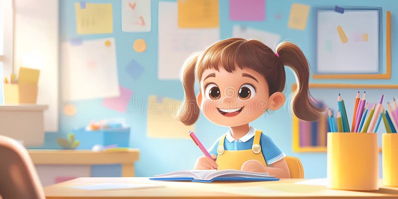 Illustration of Cute Girl Thinking while Working on Her School Project ...