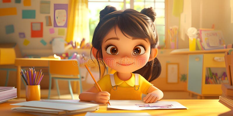 Illustration of Cute Girl Thinking while Working on Her School Project ...