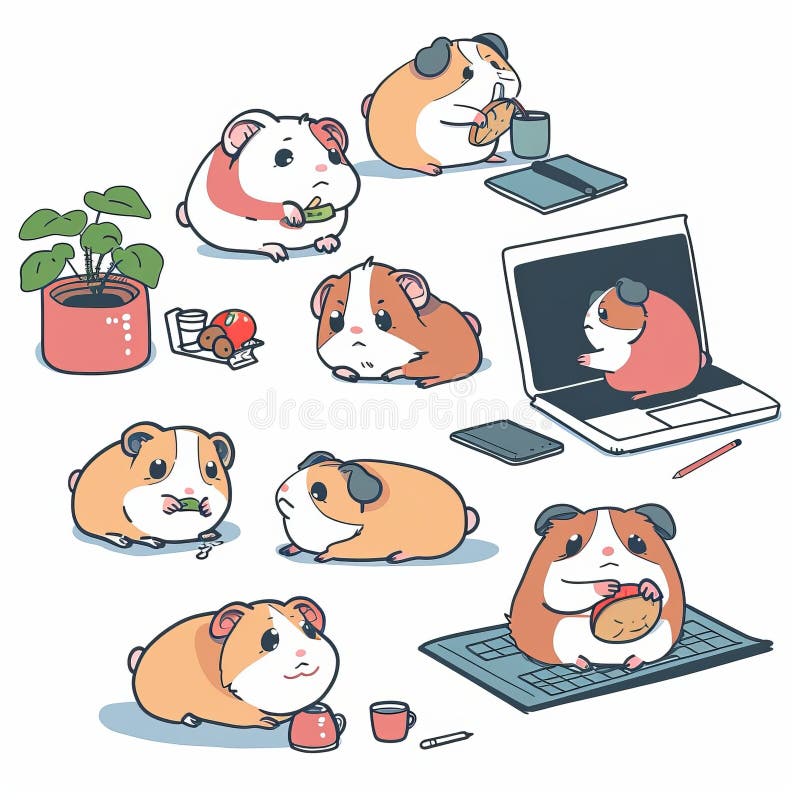 Illustration of a Cute Guinea Pig with a Laptop and a Plant Stock ...